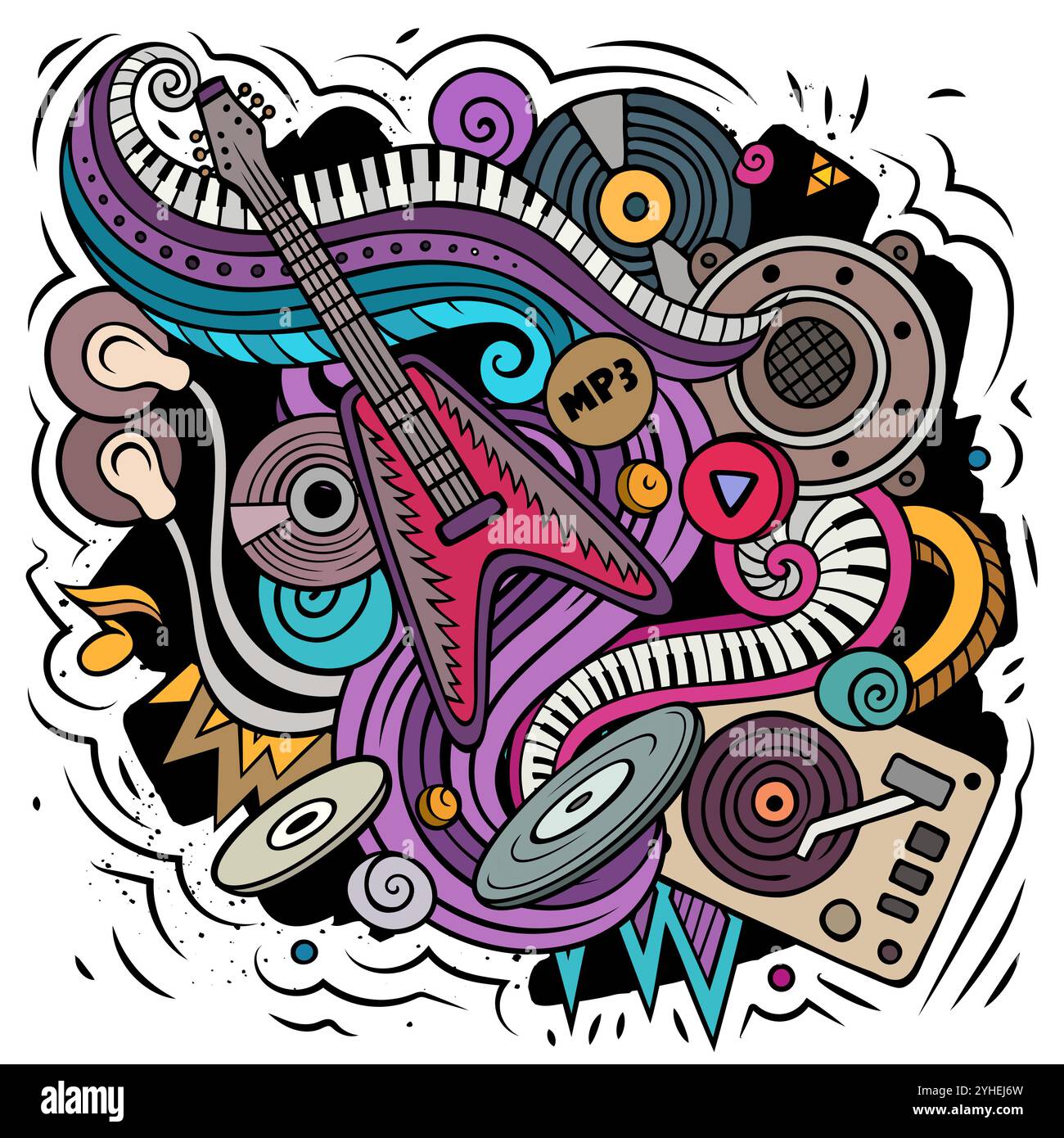Cartoon vector doodles Disco music illustration. Colorful, detailed ...