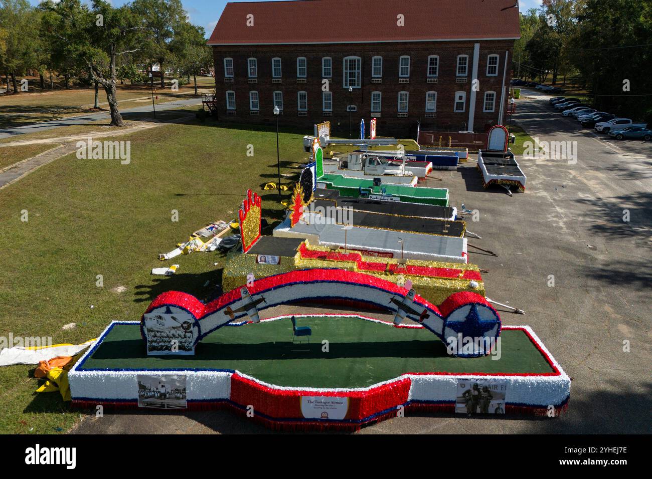 Homecoming parade floats sit on the campus of Tuskegee University a day ...