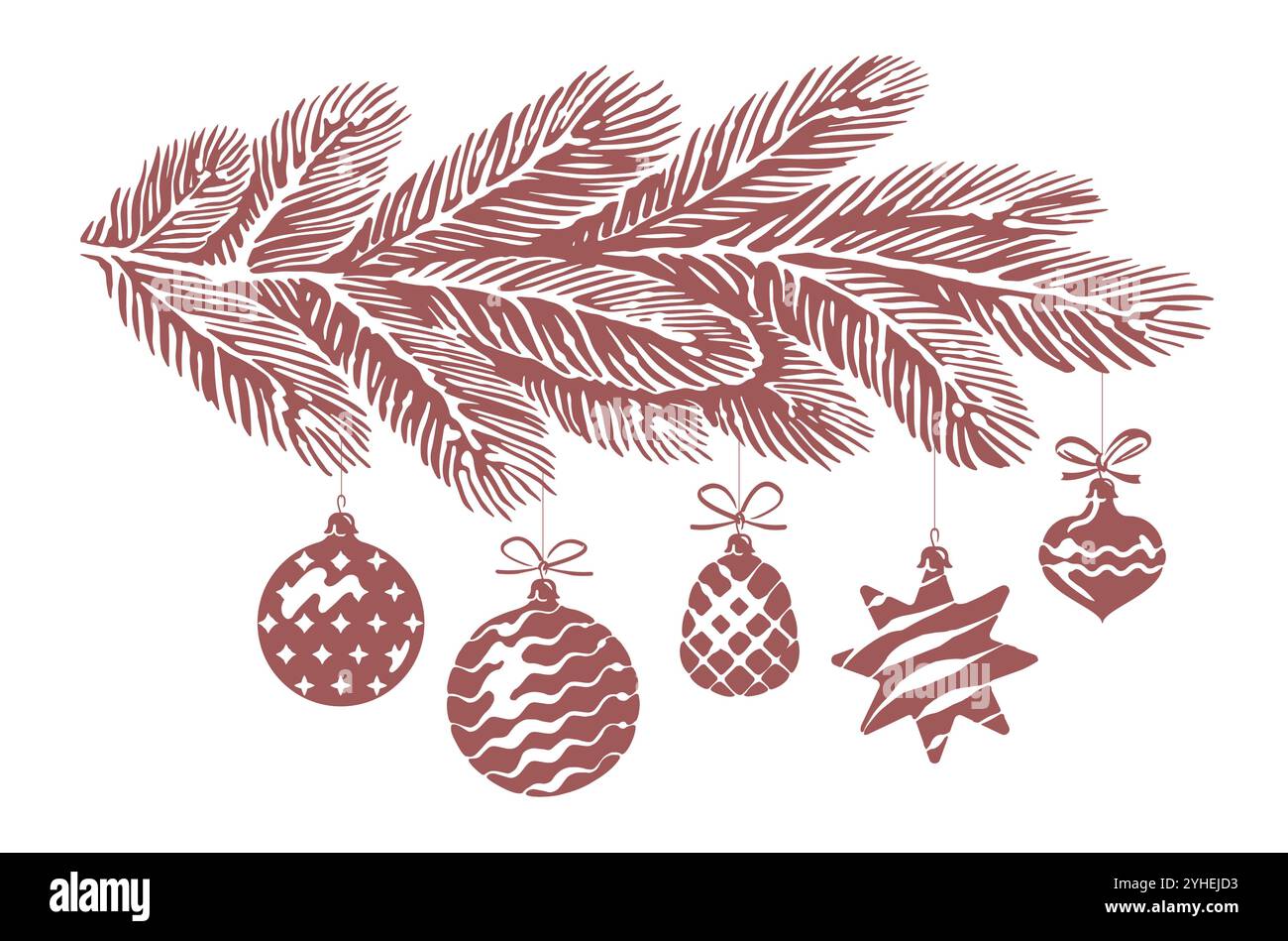 Festive decorations hanging on branch of Christmas tree. Hand drawn ...