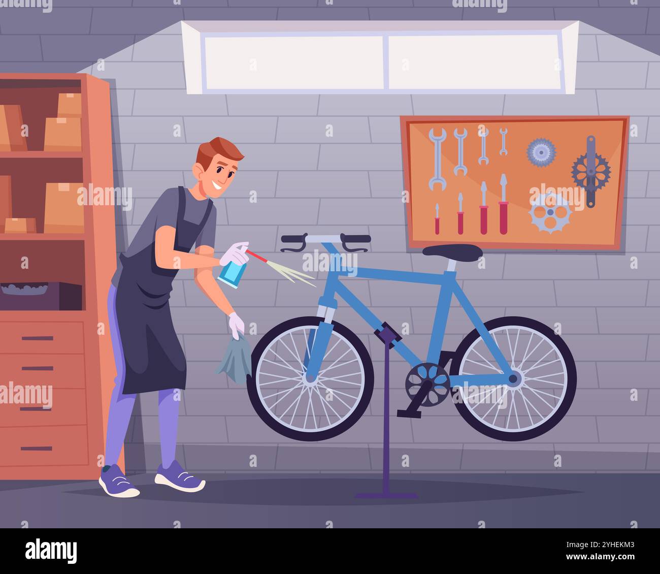 bicycle workshop. bike repair service cartoon background Stock Vector ...