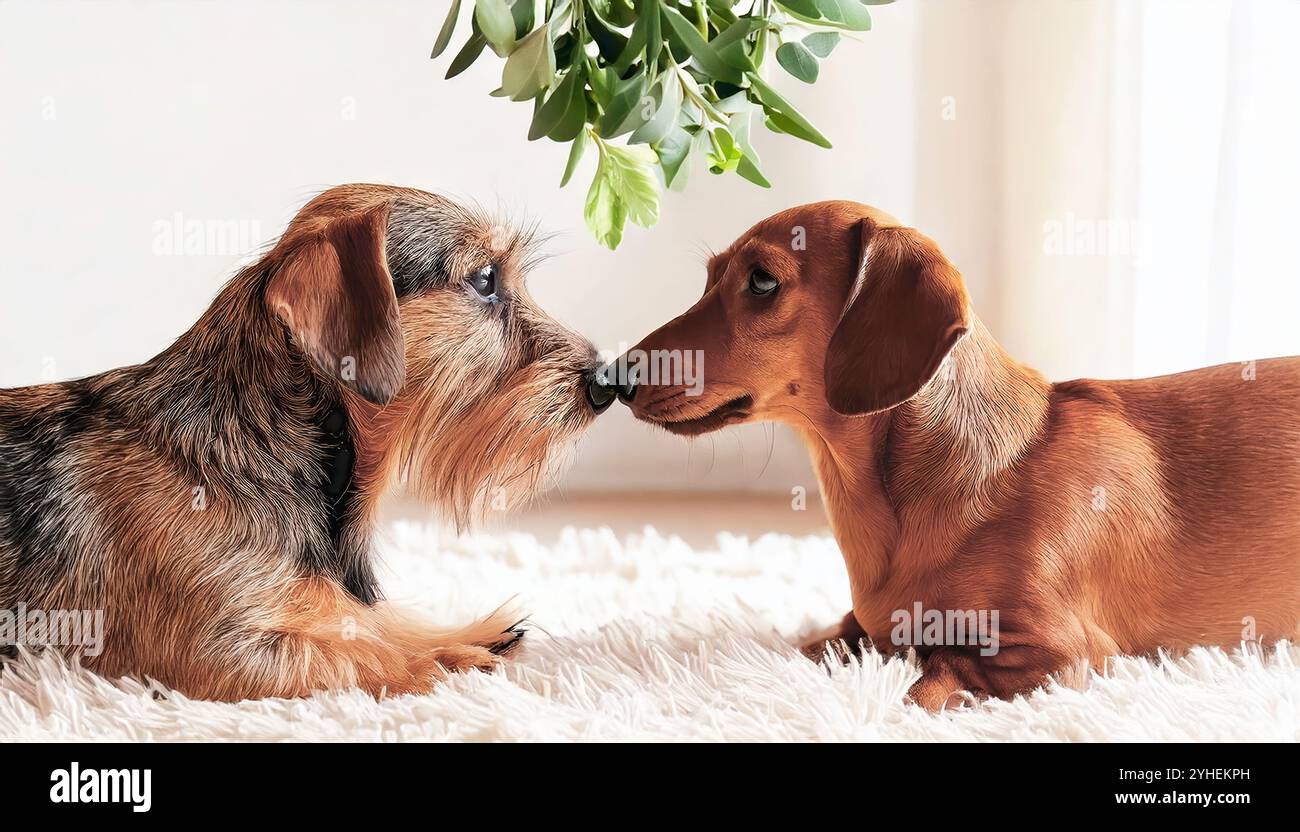 Two cute mini Dachshund sausage dogs under the mistletoe sharing a ...