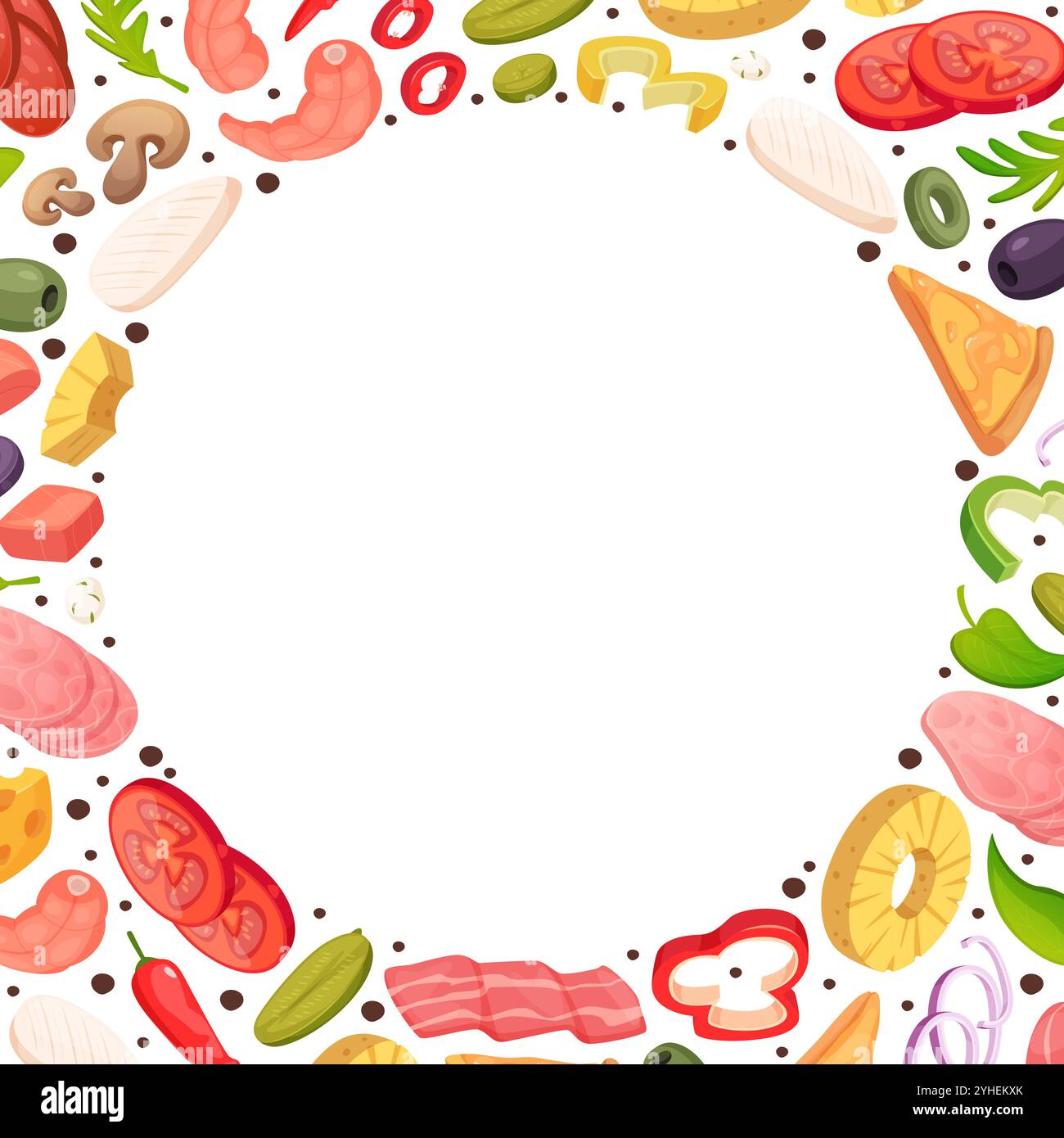 pizza ingredients. fresh vegetables in circle shape for print menu ...