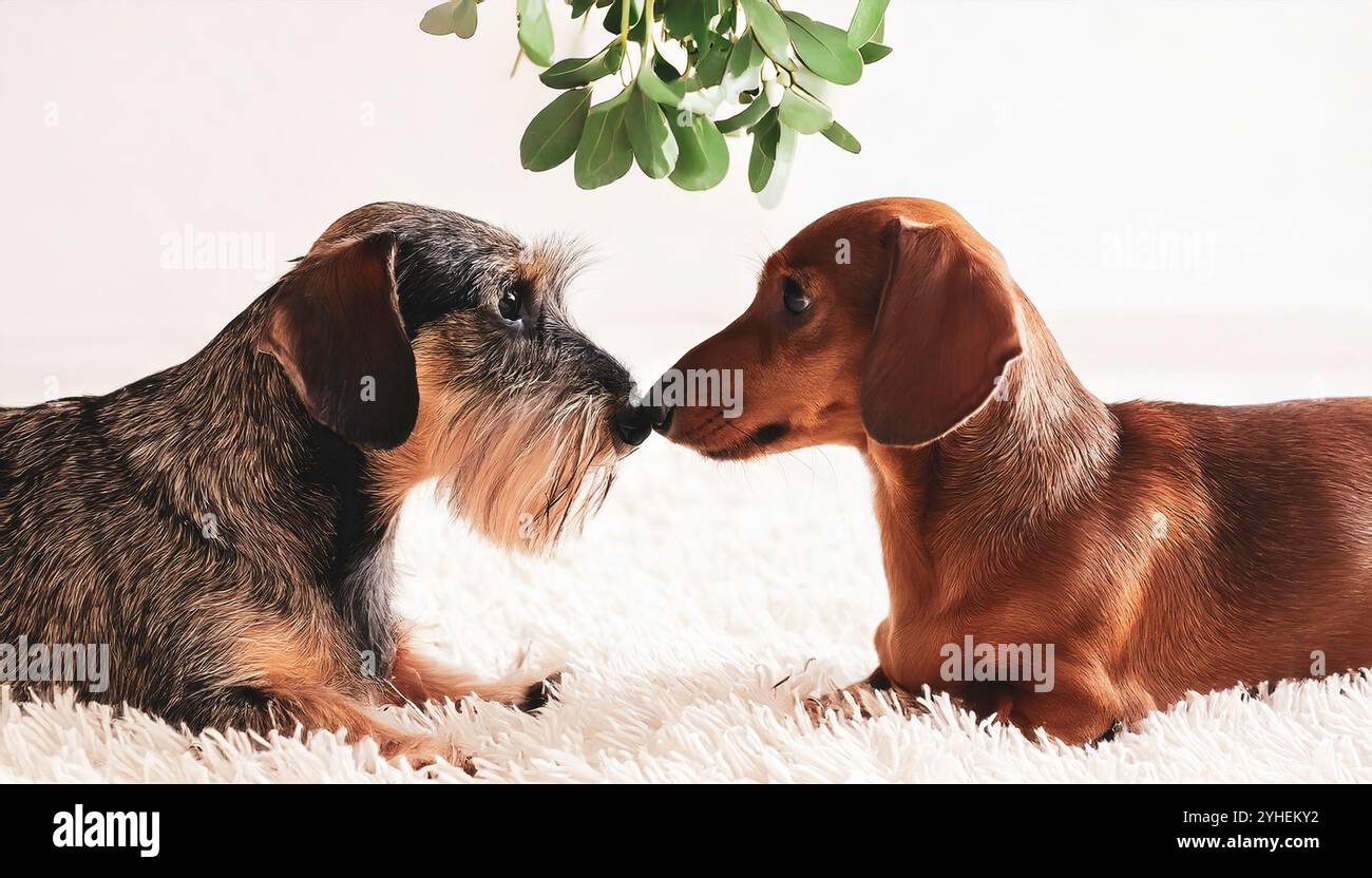 Two cute Wire-haired mini Dachshund, sausage dogs under the mistletoe ...