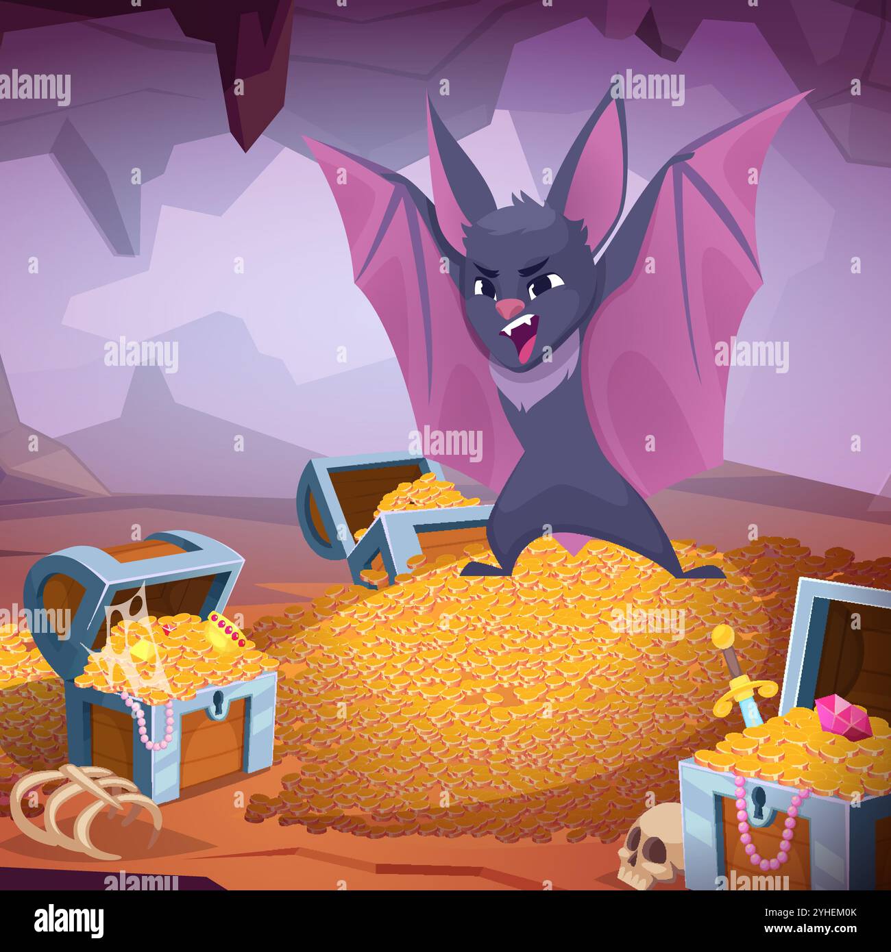 bat. angry scary cartoon bat standing in aggressive pose in cave with ...