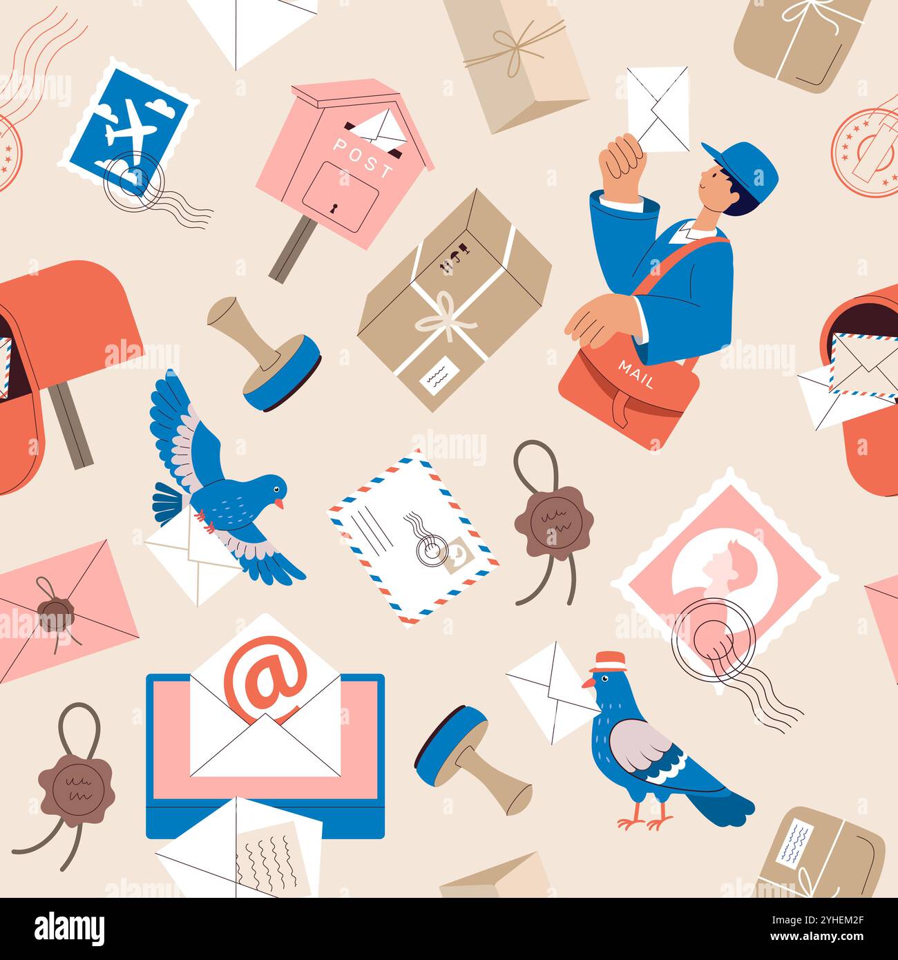 post service. mail envelopes stamps professional postman. vector ...