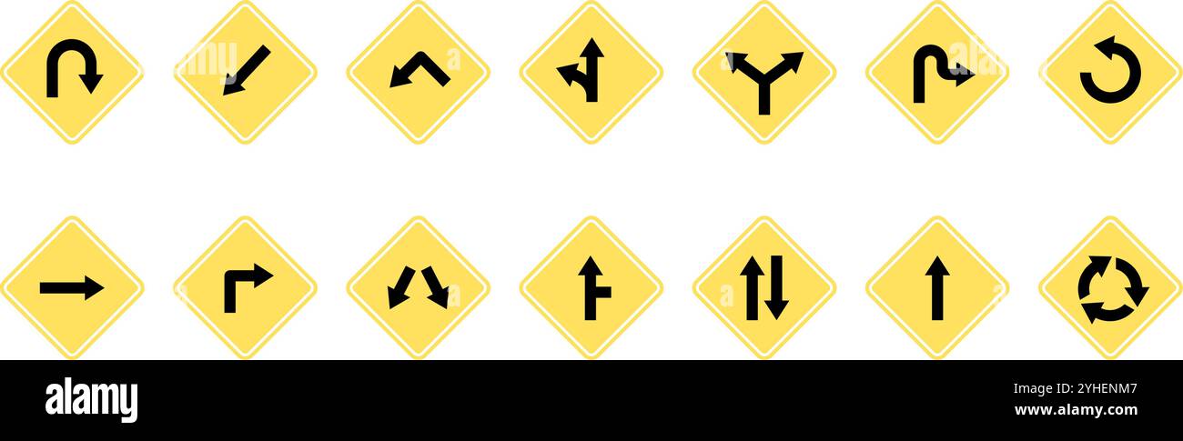 Yellow road arrow signs. Highway warning symbols, navigation and direction for street or trail ...
