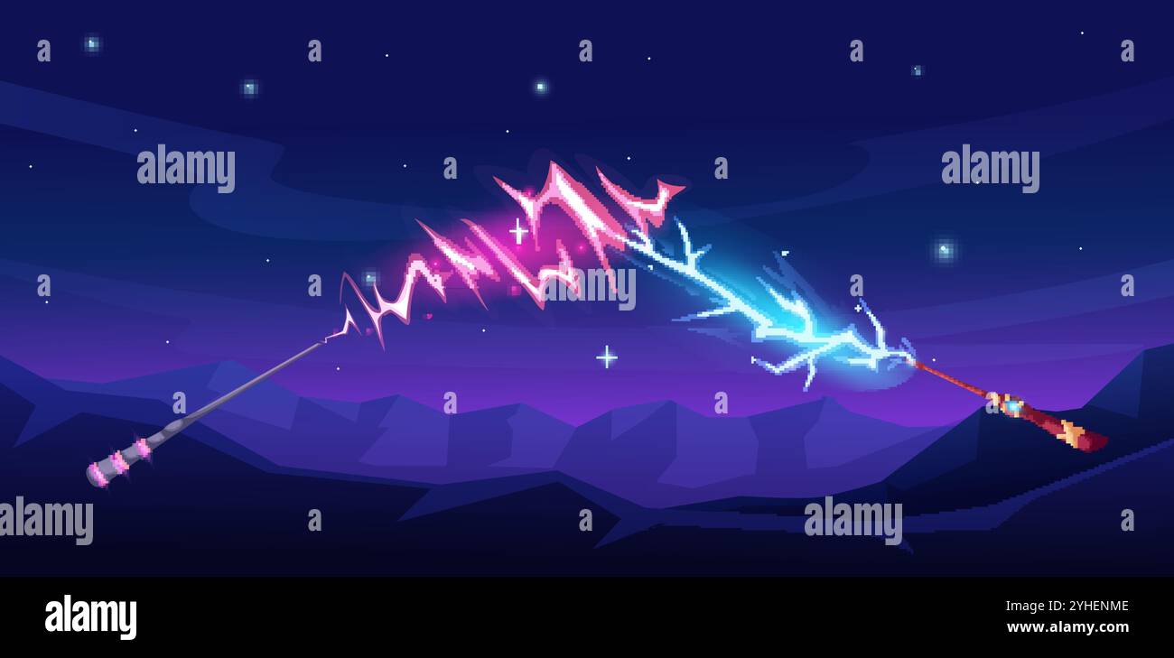 Magic wands fight at night. Vibrant lightnings, magical spells of ...