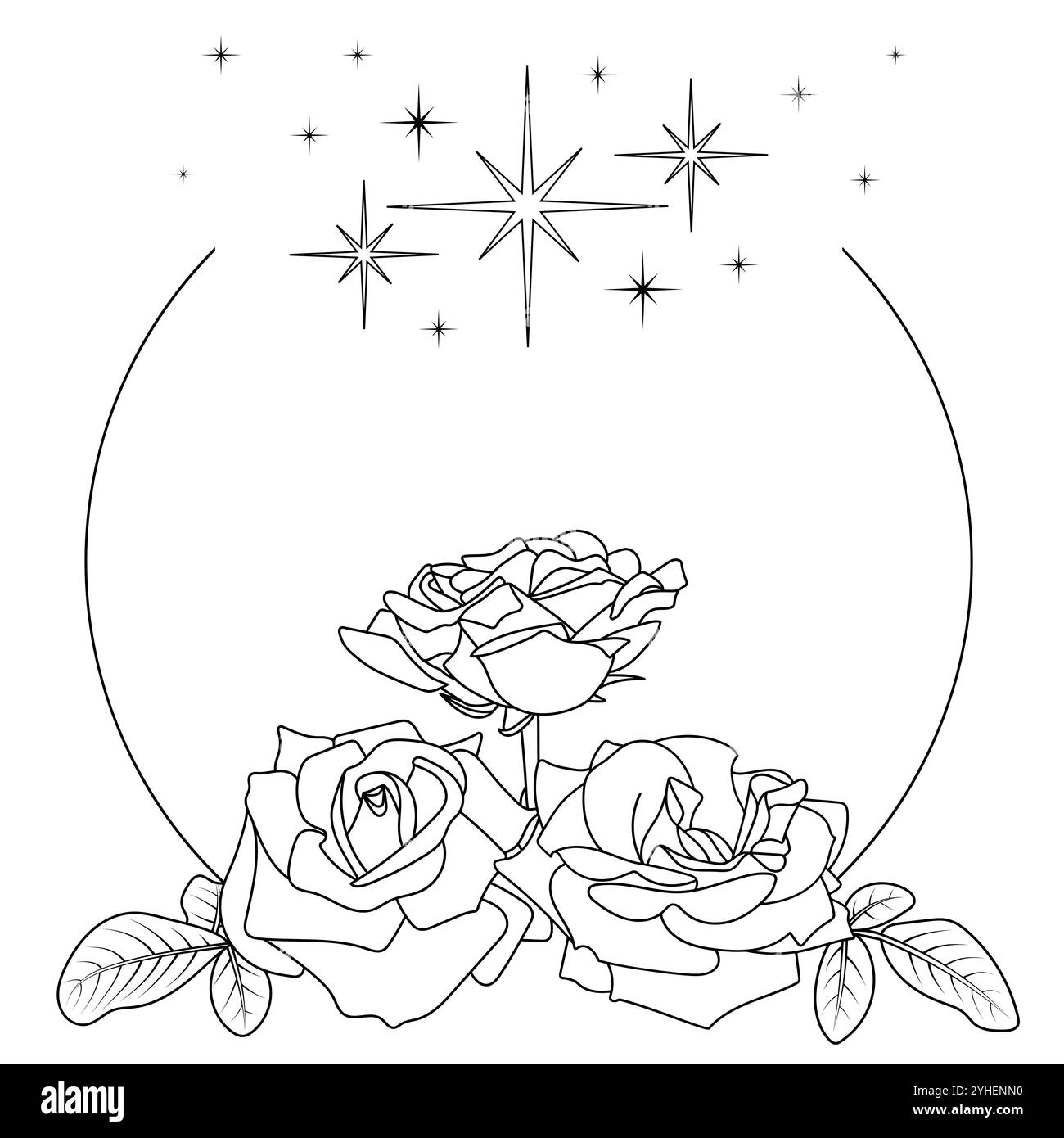Floral stylized frame. Geometric composition, three roses, leaves ...
