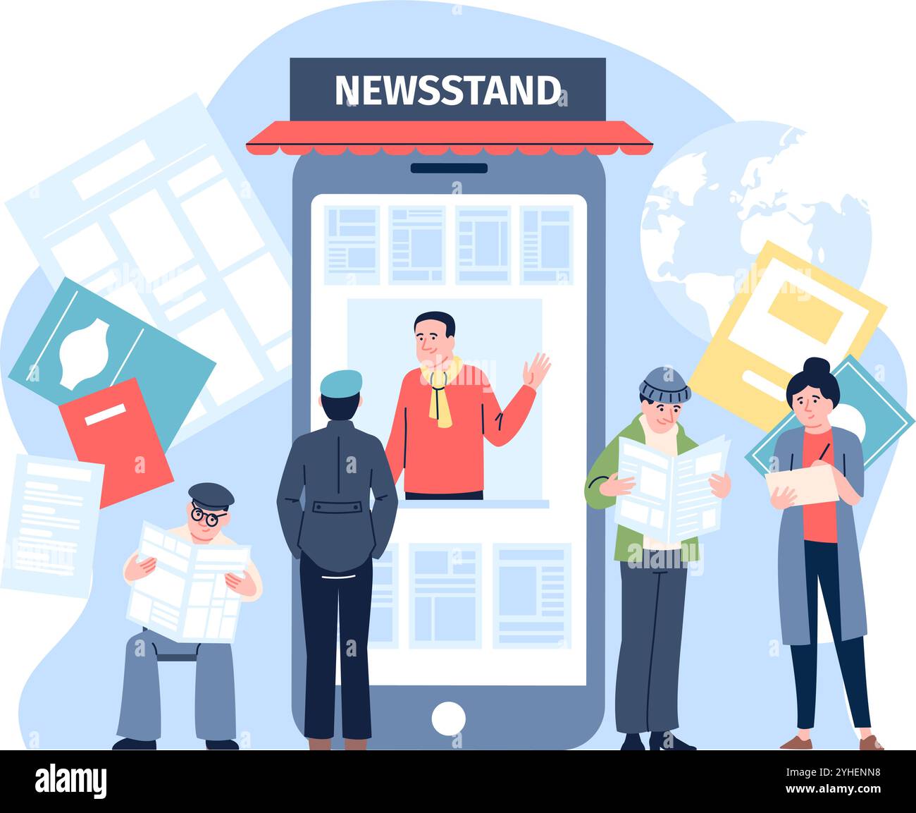 Online newspaper store. Smartphone app with daily news. People buying ...
