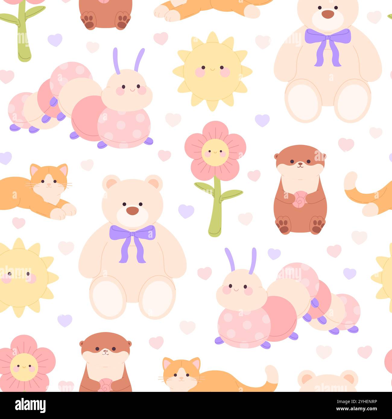 Plush toys seamless pattern. Fluffy textile toy animals, flower and ...