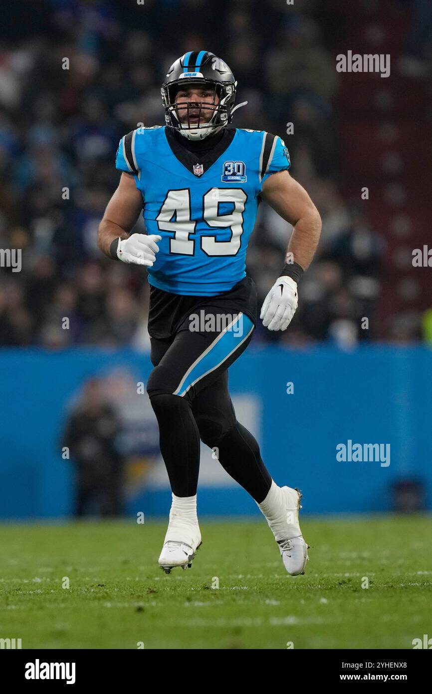 Carolina Panthers linebacker Jon Rhattigan (49) runs up the field ...