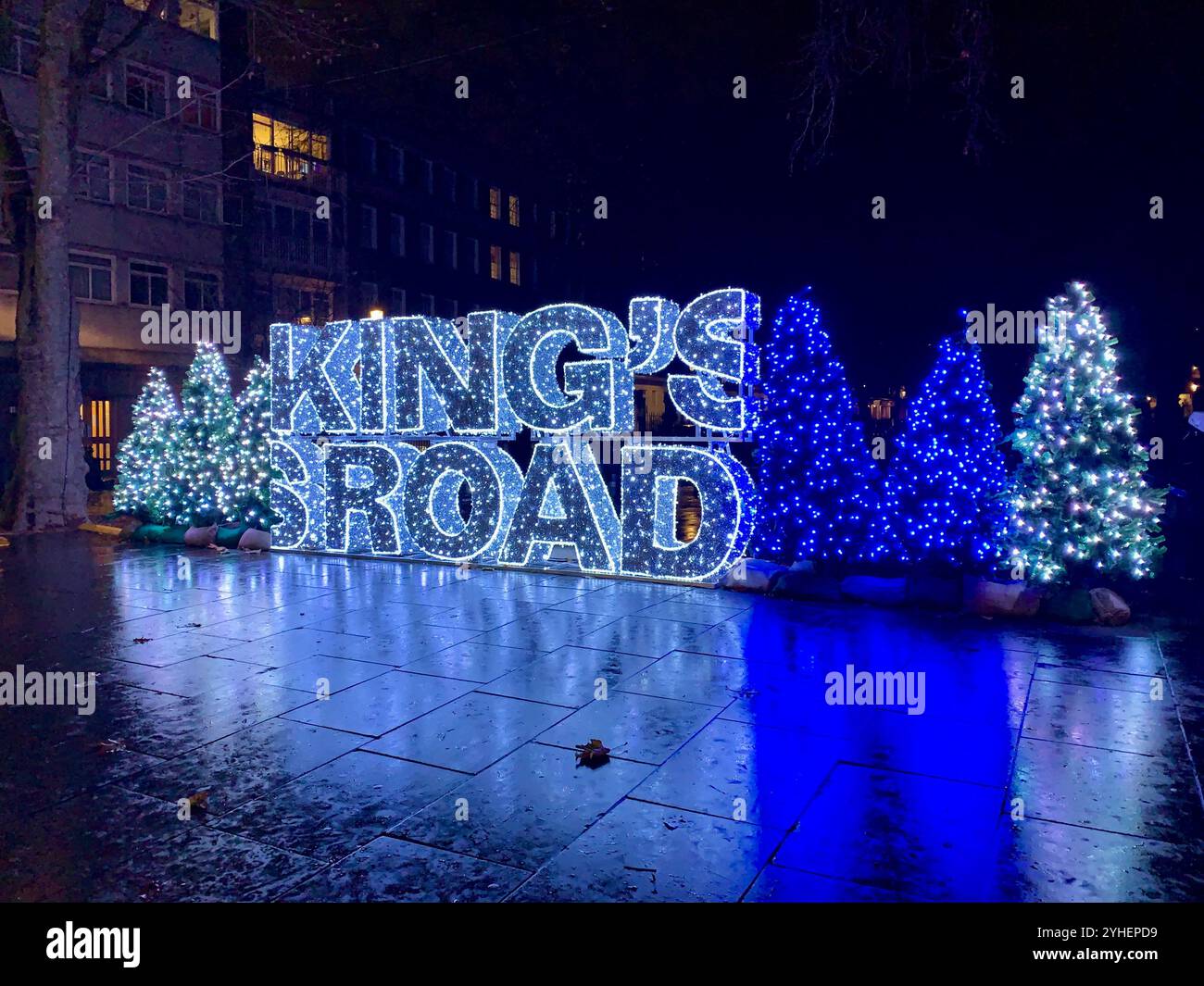 King’s Road in Chelsea London. Christmas holiday lights showing big ...