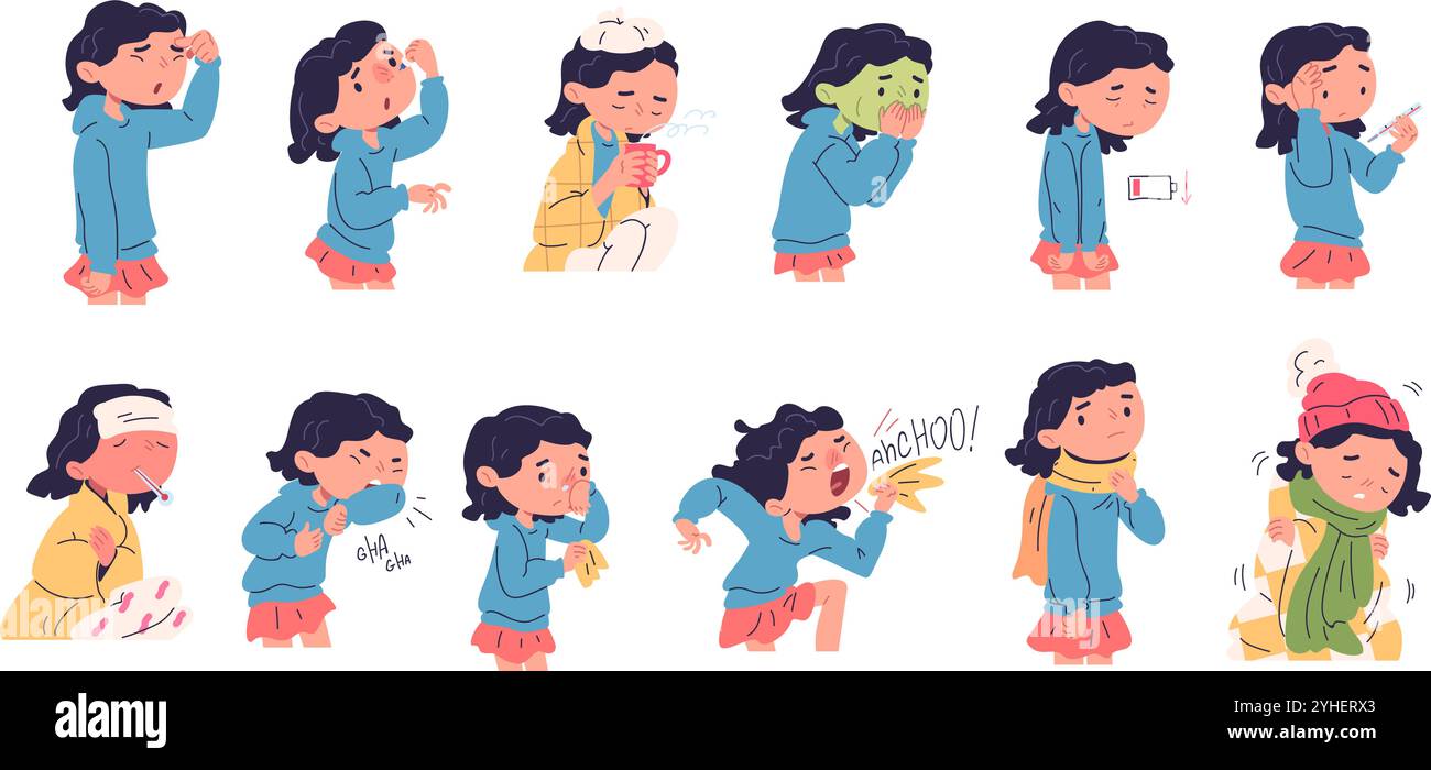 Kid girl cold symptoms. Child cough in elbow rhinitis sickness flu ...