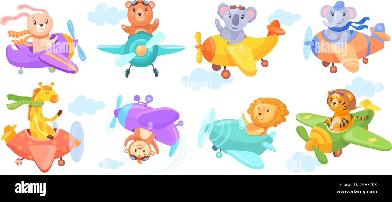 Cartoon animals in airplane. Cute baby animal pilot in propeller plane ...
