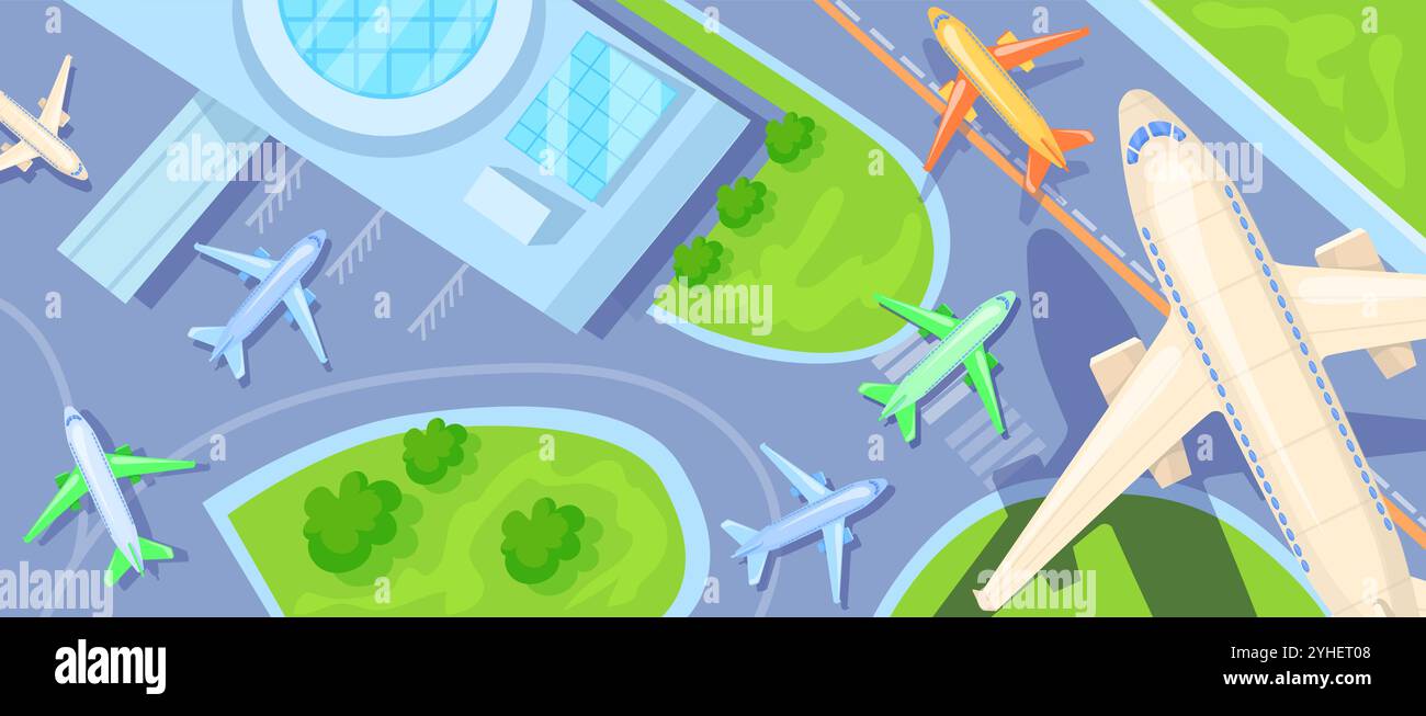 Airplanes runway top view. Plane ready takeoff airstrip at ...
