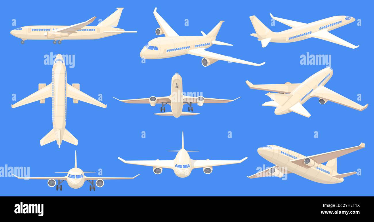 Airplanes different views. Passenger aircraft front side top view ...