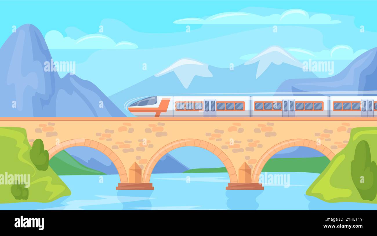 Train on bridge. Fast modern electric trains on railway viaduct ...