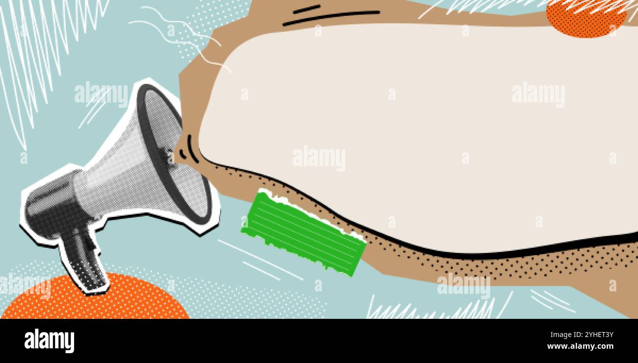 Halftone loudspeaker banner. Megaphone announce sale pop art collage ...