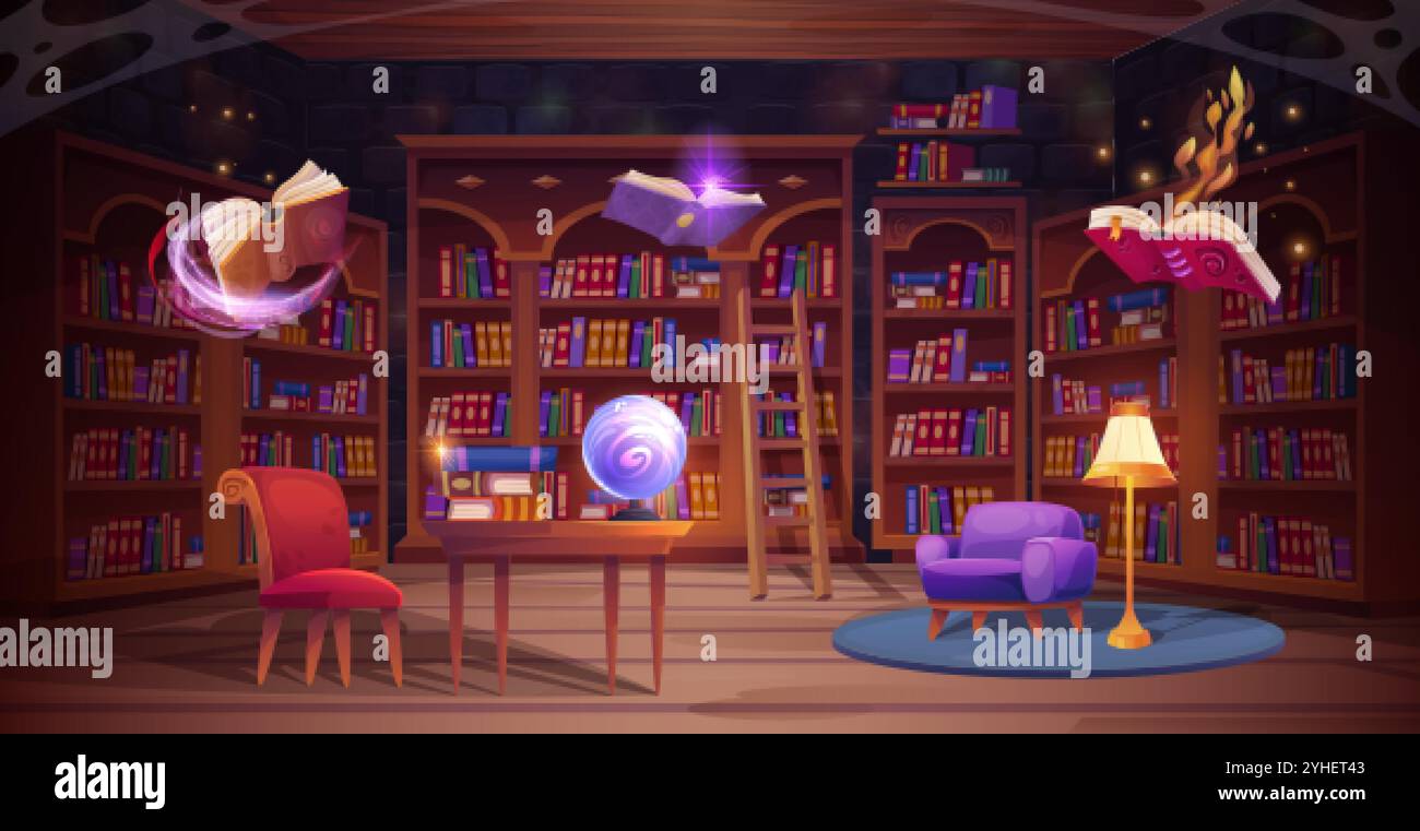 Magic library. Wizards school cartoon interior bookstore bookcase with ...