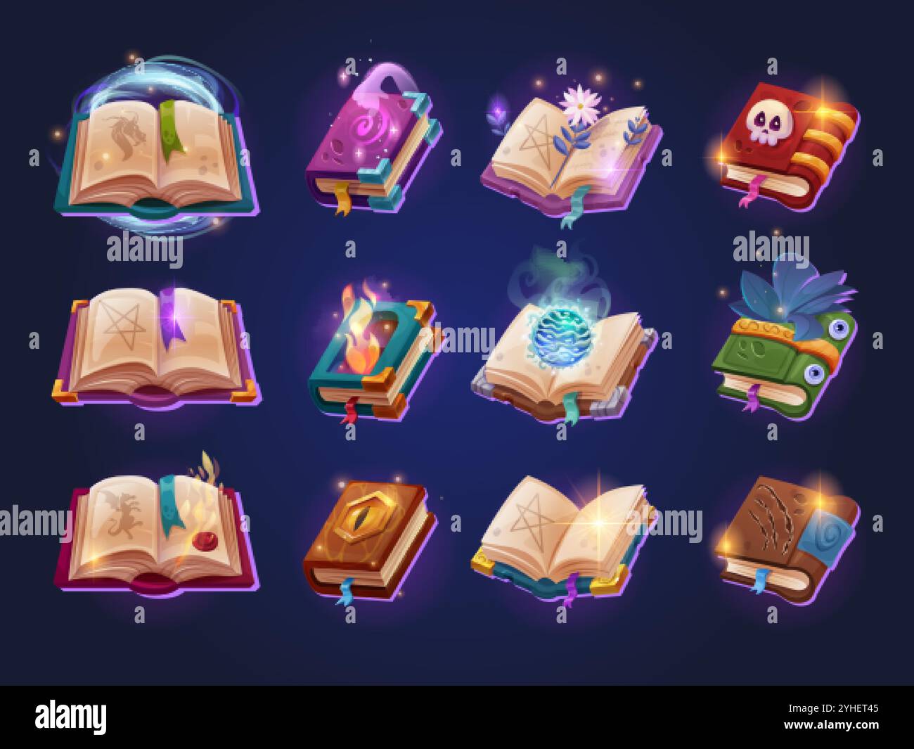 Cartoon alchemy books. Open and closed sacred book with evil magic ...