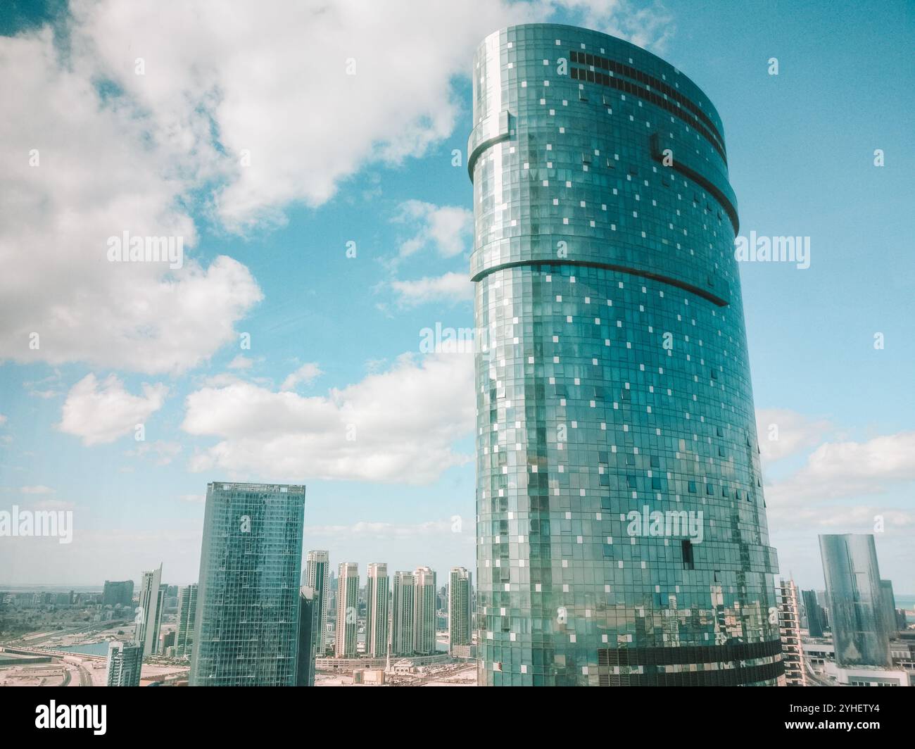 Top aerial view shot of city skyscrapers from a modern office space ...