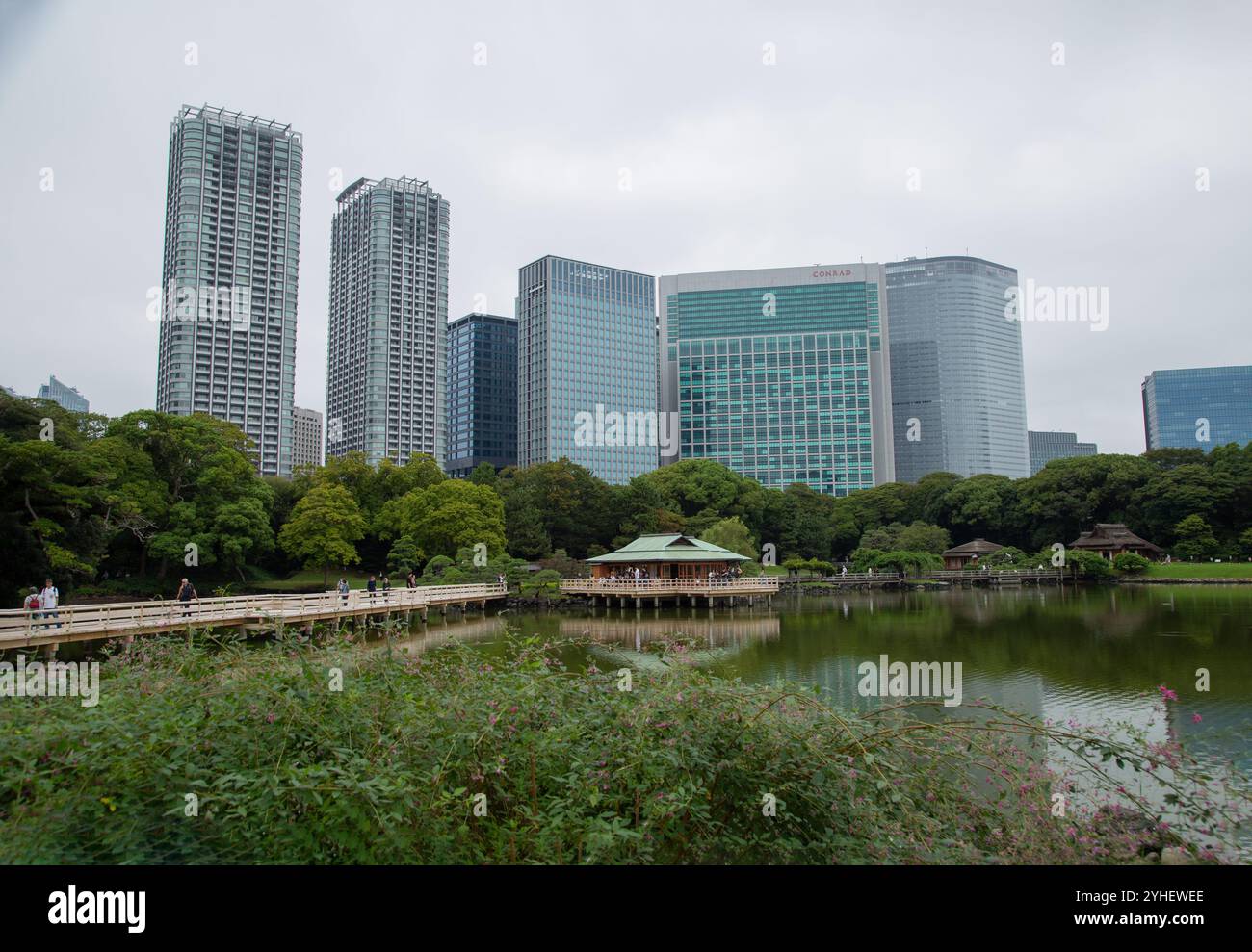 Hamarikyu Gardens in Tokyo Japan include trees and ponds, scenic ...