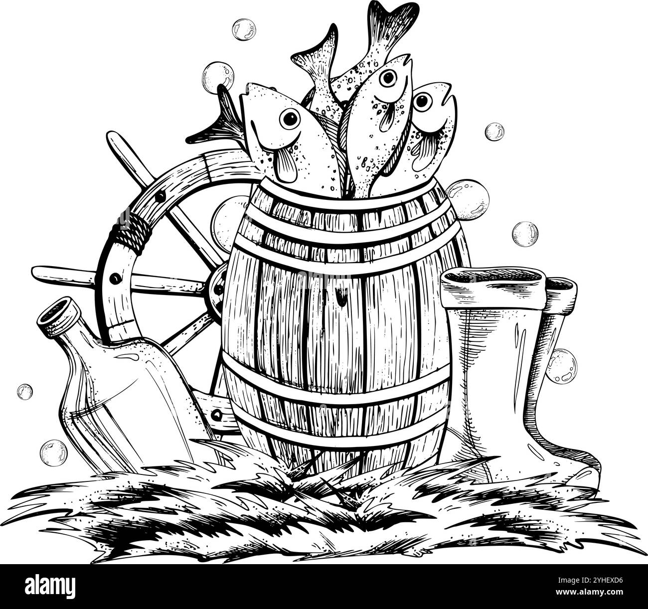 A wooden barrel with fish, with rubber boots, a steering wheel and a ...