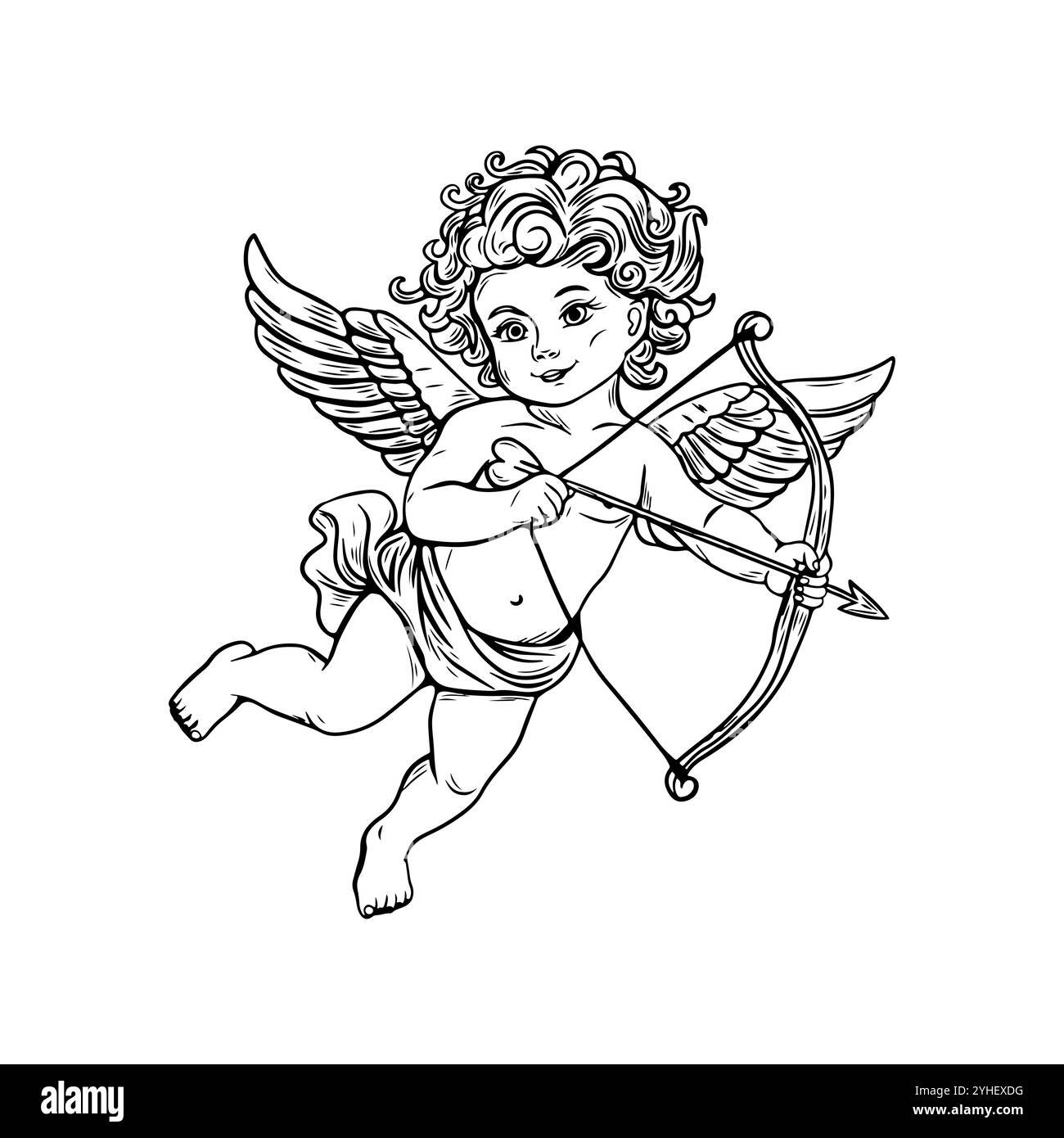 Cupid, angel of love in engraving, sketch isolated on white background ...