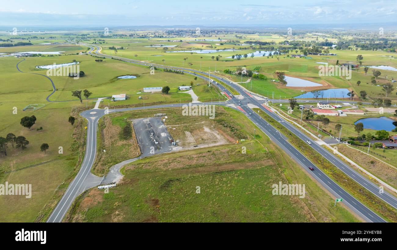 Drone aerial photograph of a multi lane road system running through a ...