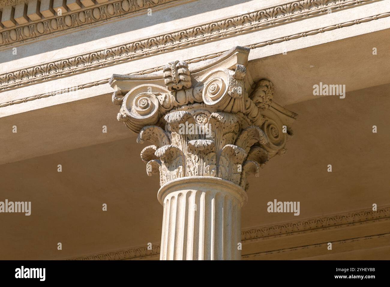 A close-up of a Corinthian column capital, showing intricate acanthus ...