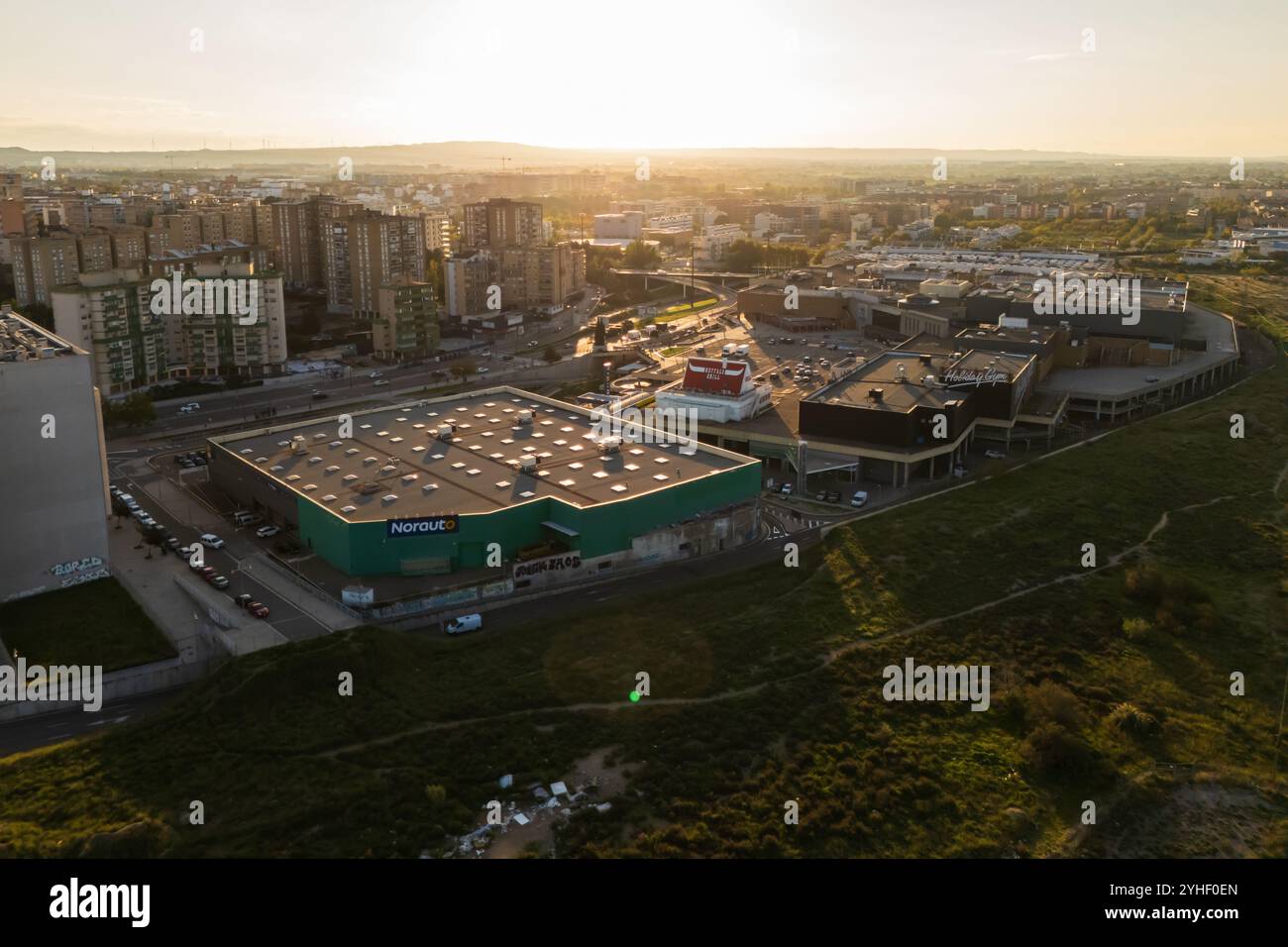 Aerial view of residential area and shopping center at sunset Stock ...