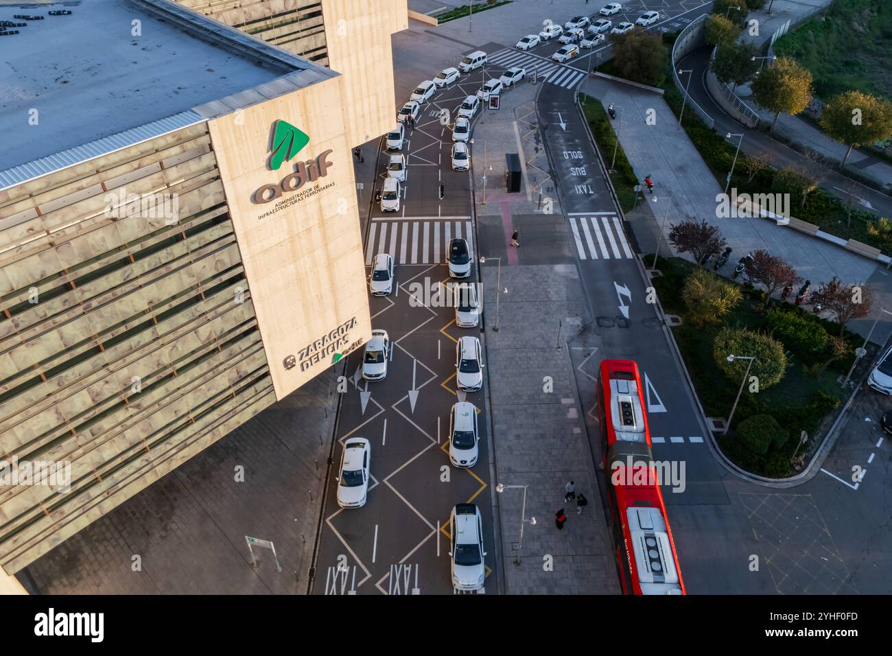 Aerial view of taxi and bus stop outside Zaragoza–Delicias railway and ...