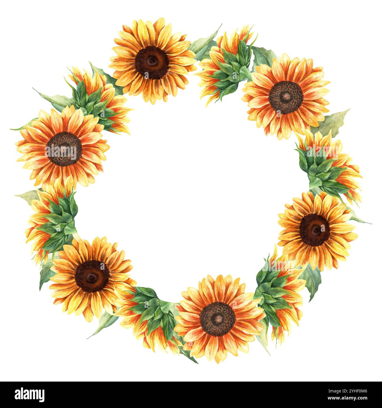 Watercolor wreath frame template with yellow sunflowers, vibrant plants ...