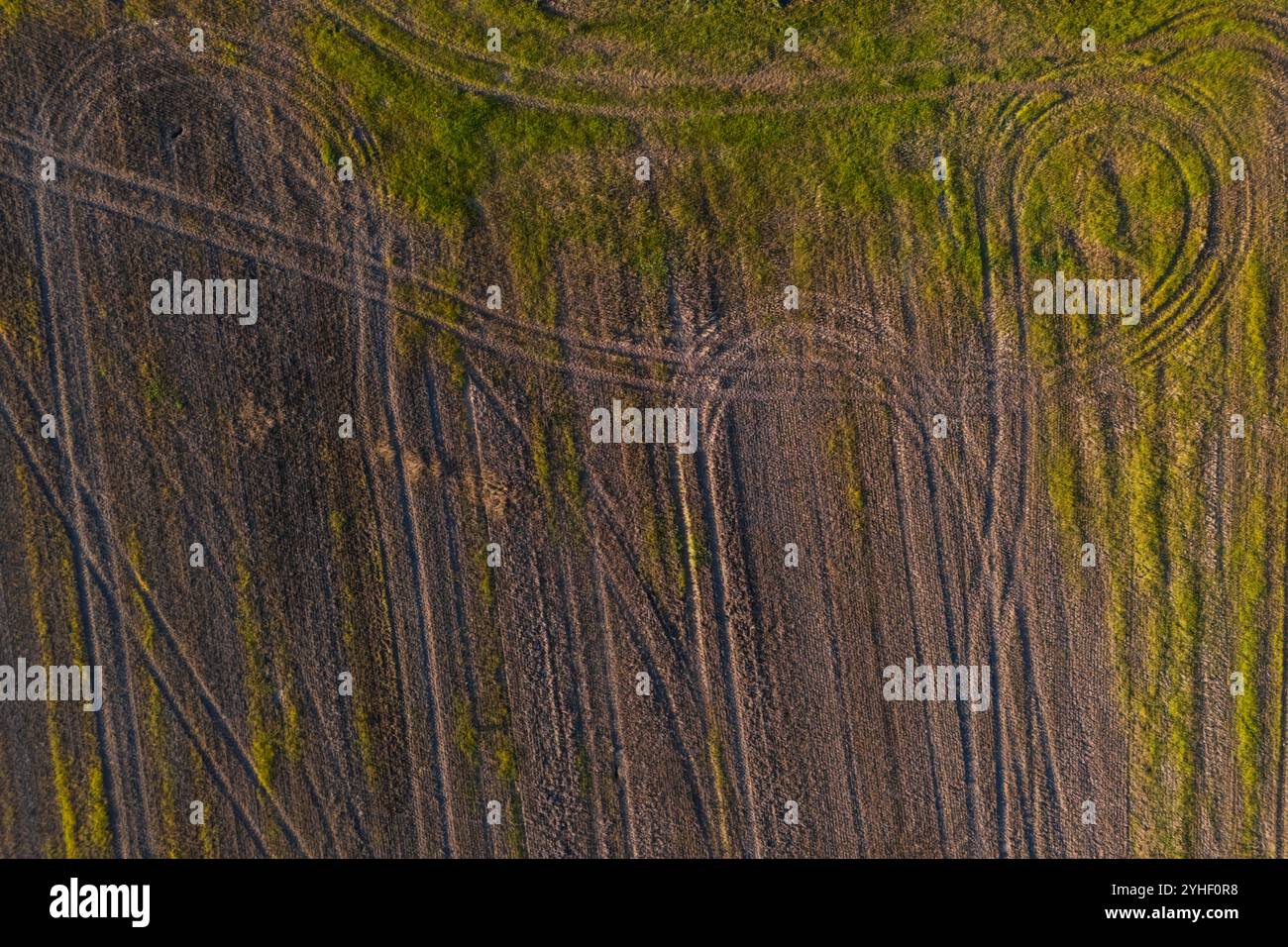 Aerial view of tractor marks on the ground of the fields in La Alfranca ...