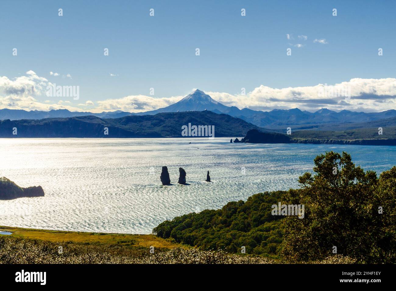 Three Brothers is a famous landmark in the Avacha Bay. Kamchatka ...
