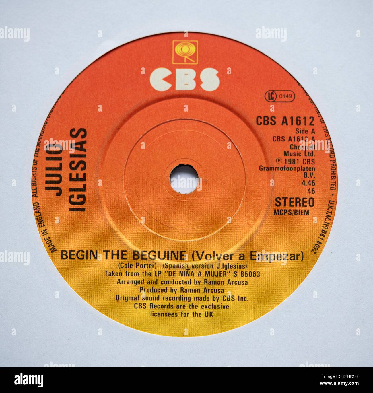 Centre label of the seven inch single version of Begin the Beguine (Volver a Empezar) by Julio ...