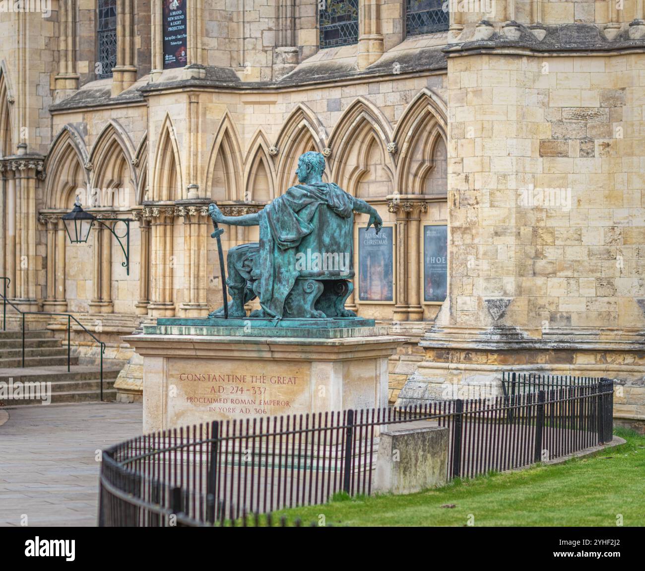 A statue of the Roman Emperor Constantine sits in front of the gothic ...