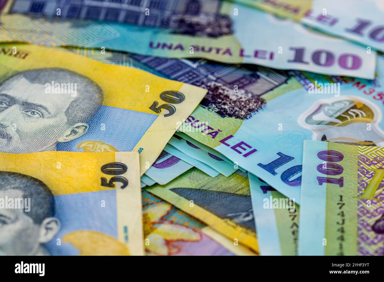 LEI money banknotes, detail photo of RON. Romanian currency Stock Photo ...