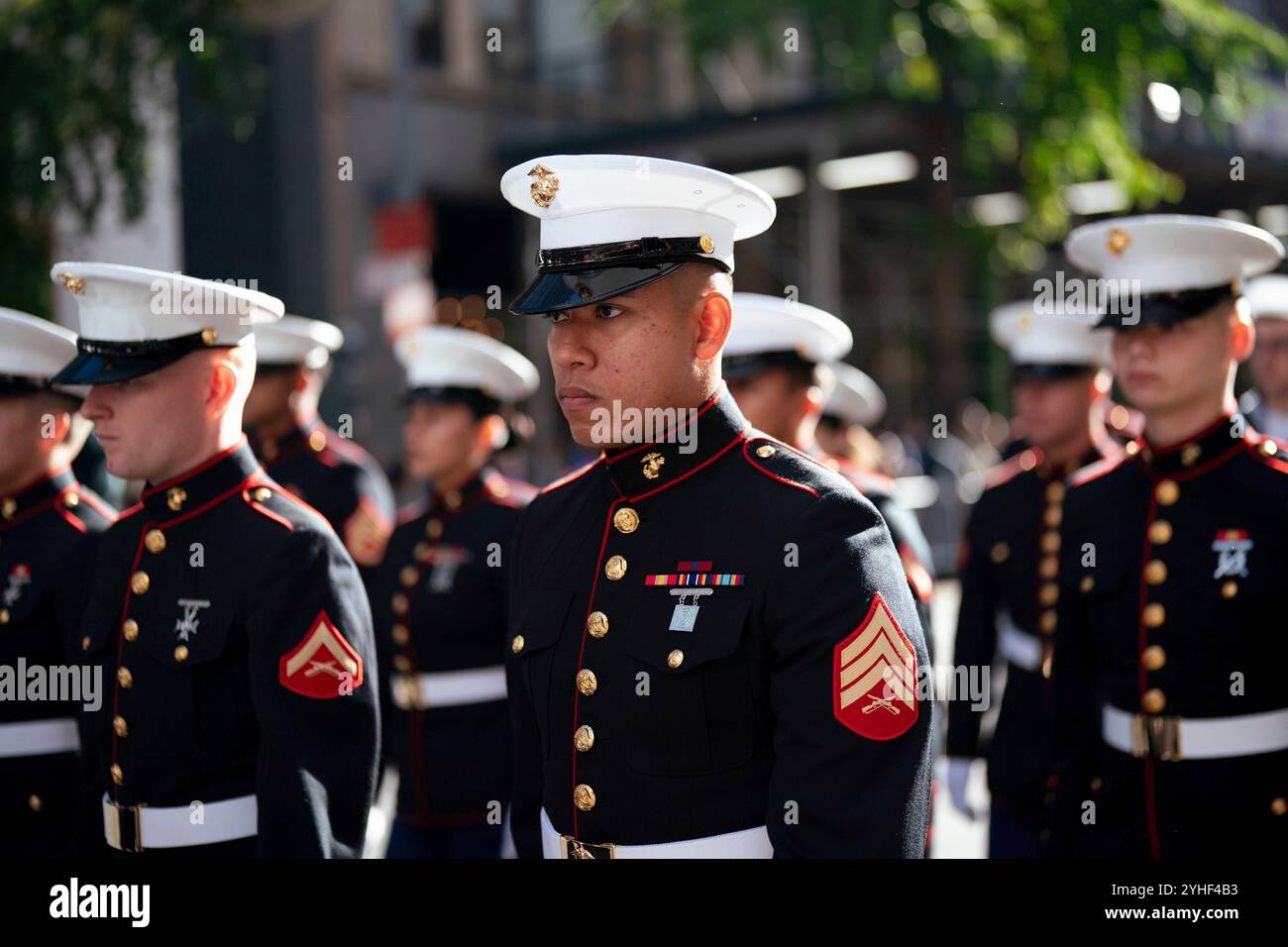 Members of the Marine Corps march during the annual Veterans Day Parade ...