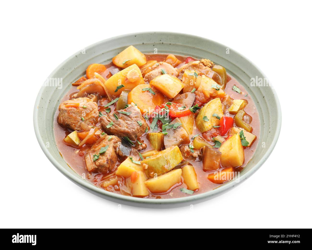 Delicious stew with vegetables in bowl isolated on white Stock Photo ...