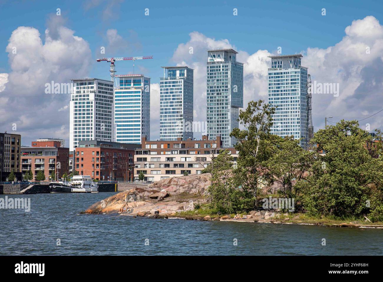 Kalasatama high-rise buildings behind Mustikkamaa Island in Helsinki ...