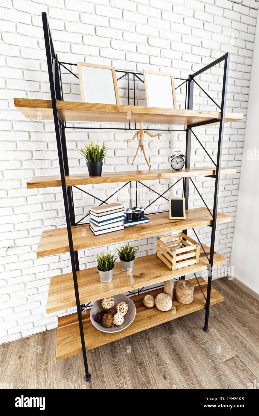 modern wooden rack in the loft interior Stock Photo - Alamy