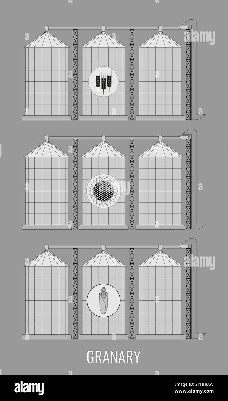 Creative illustration of an agricultural warehouse for a grain elevator ...