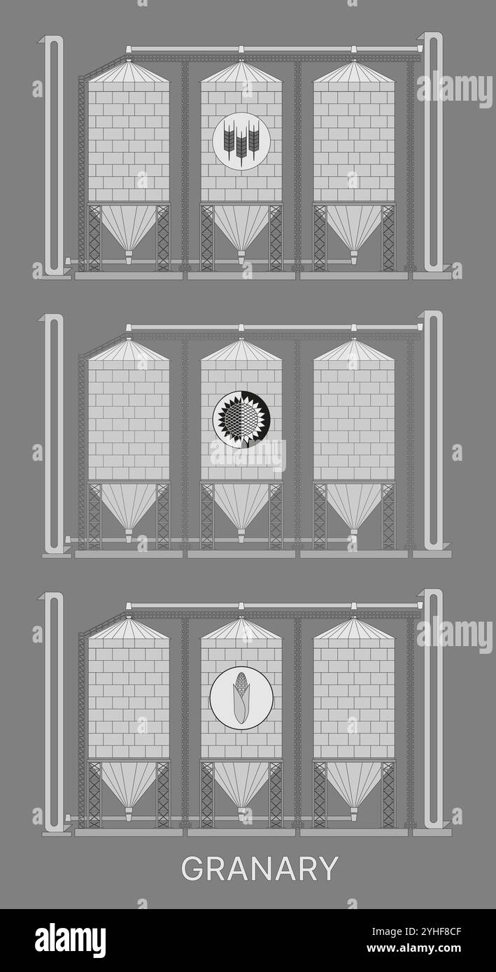 Creative illustration of an agricultural warehouse for a grain elevator isolated on a ...