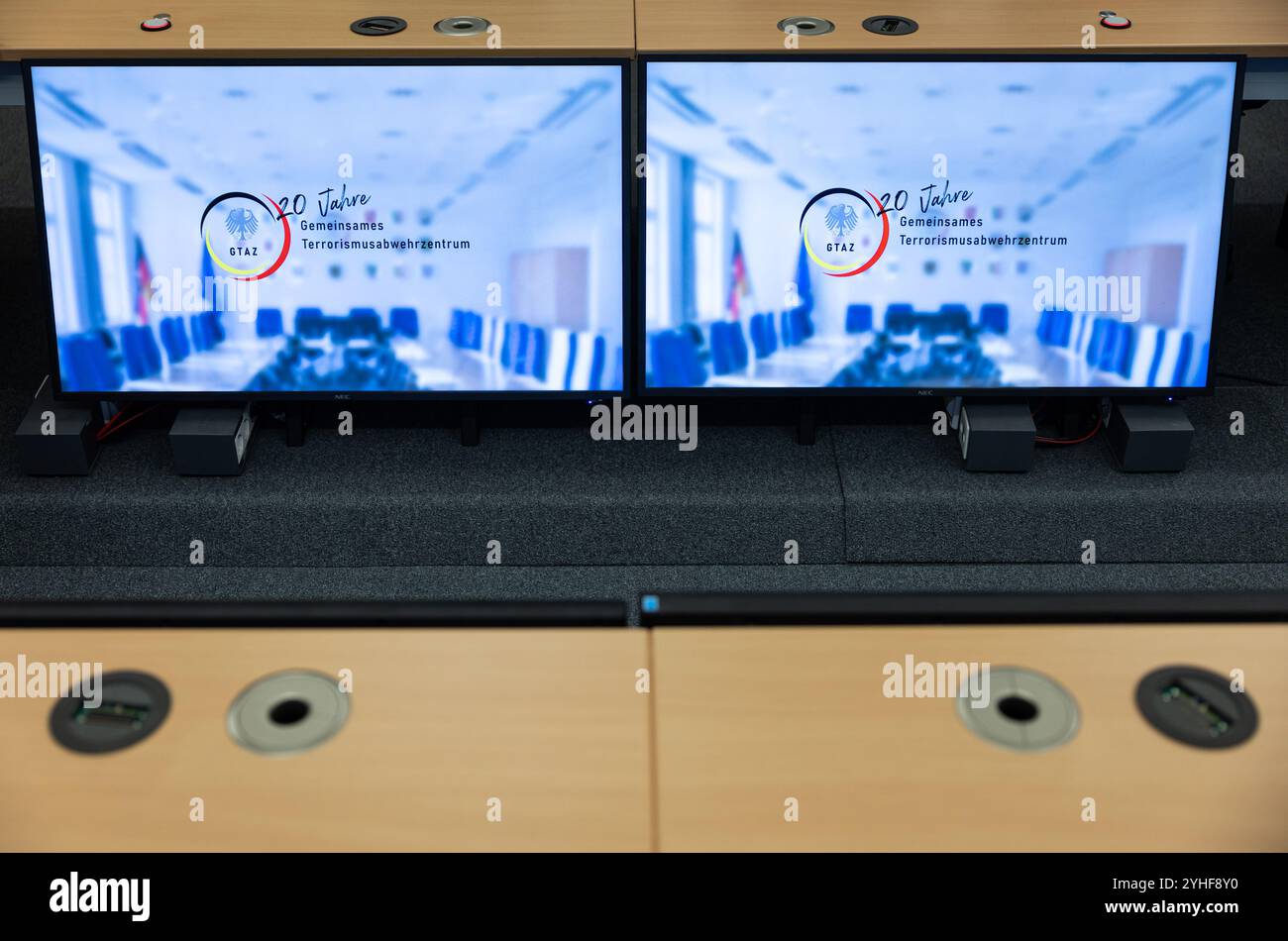 Berlin, Germany. 11th Nov, 2024. View across a table at two monitors in ...