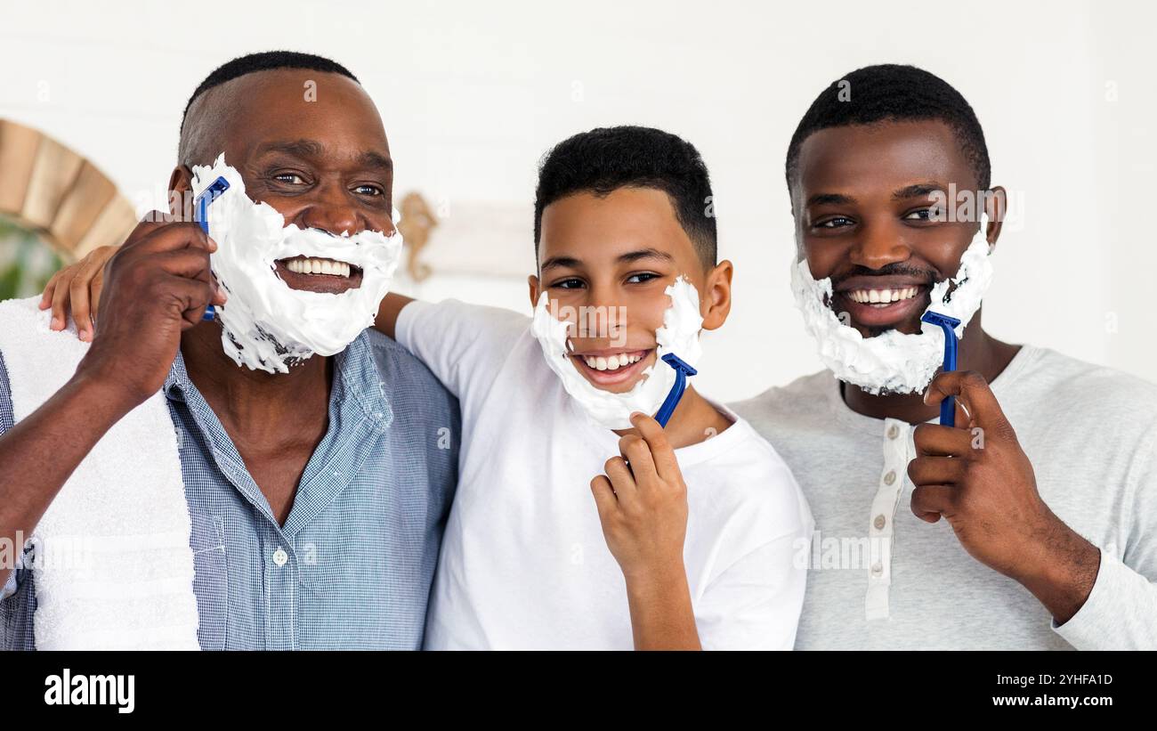 Black Grandfather, Father And Son Shaving In Bathroom Together, Using ...