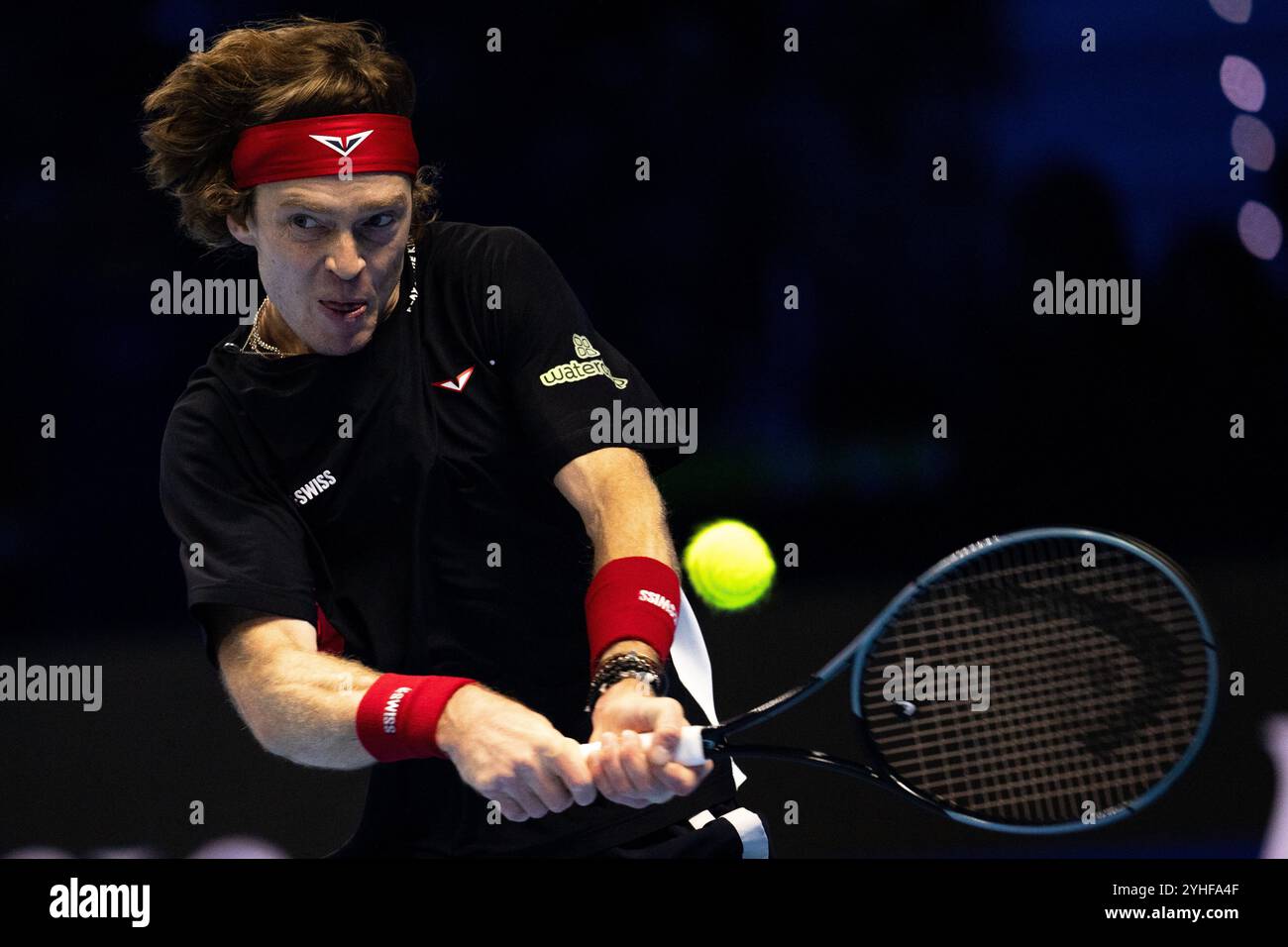 Torino, Italia. 11th Nov, 2024. Russia's Andrey Rublev returns the ball ...