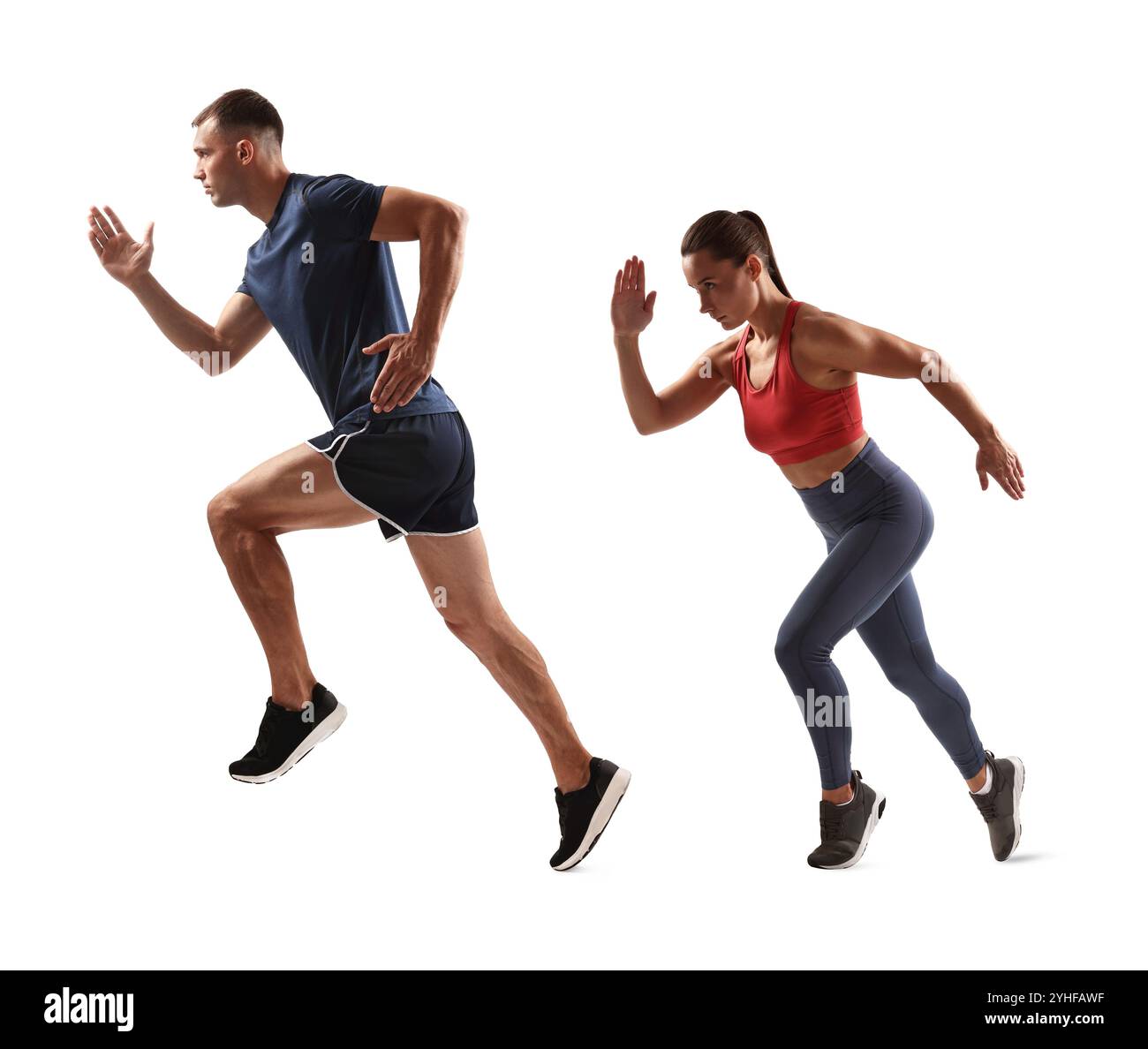 Athletic man and woman in sportswear running on white background Stock ...