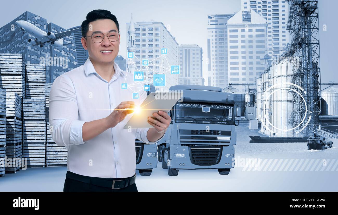 Distribution business. Manager with tablet, transport, and buildings ...