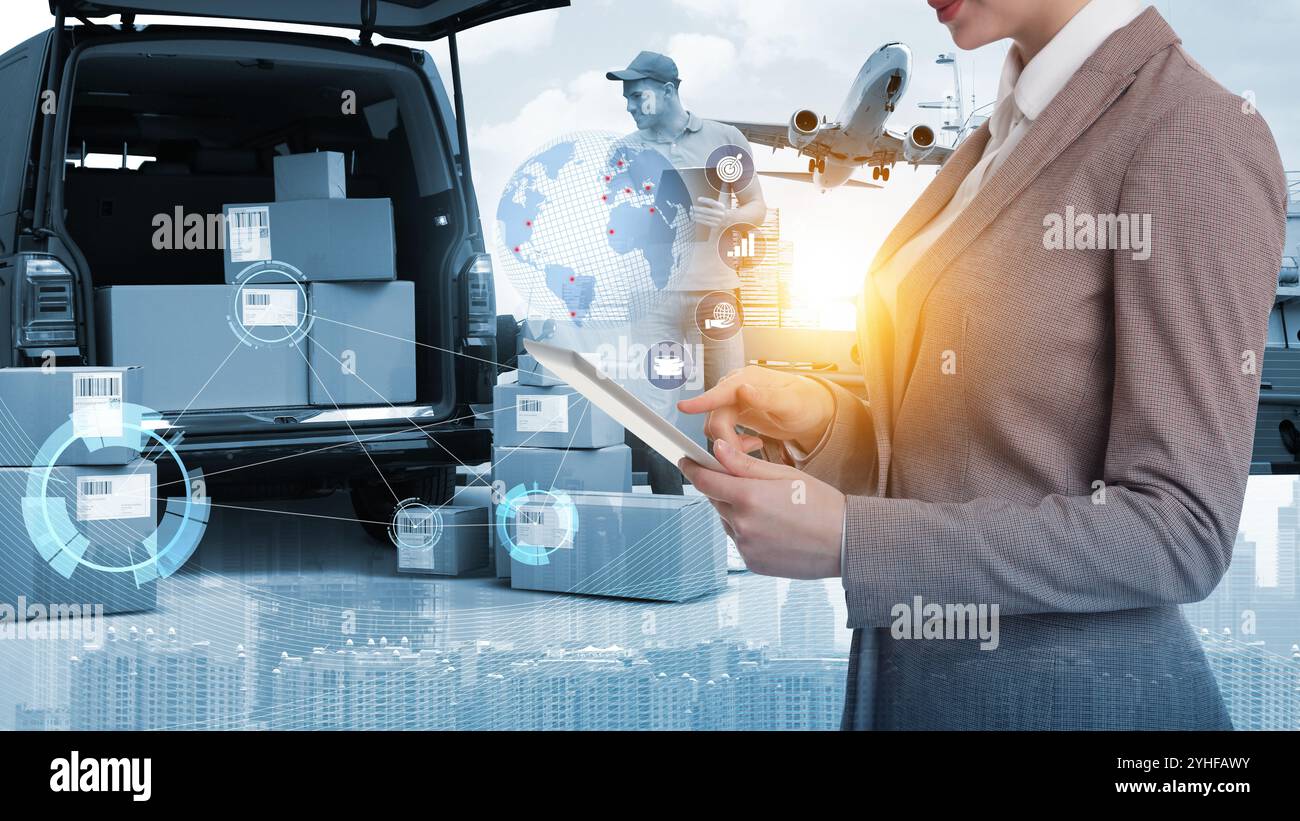 Distribution business. Manager with tablet, worker loading car ...